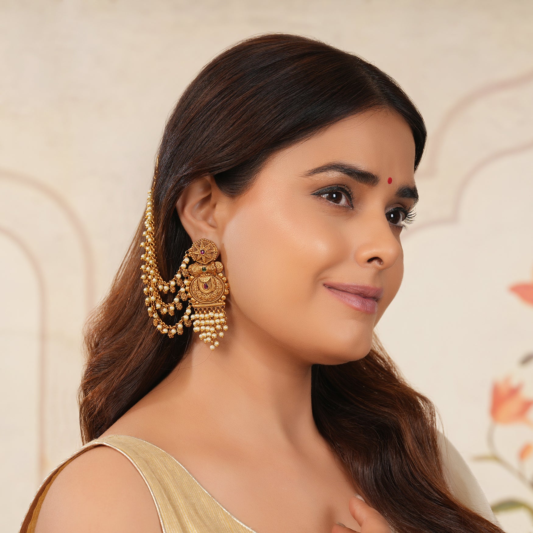 Long antique gold pearl drop earring with ear chain | Free Cod ...