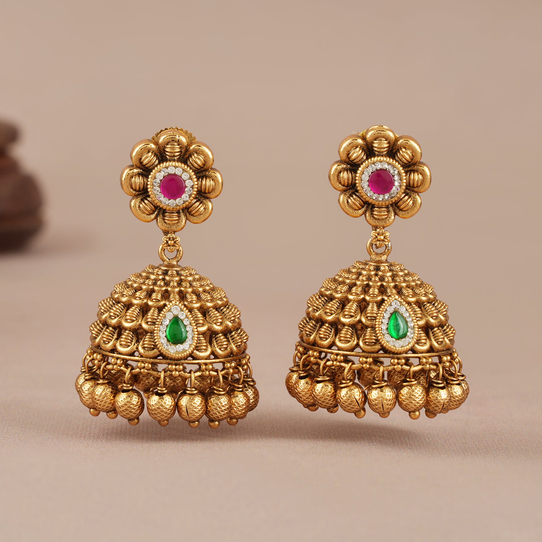 Stunning stone ball drop antique gold jhumka - smarsjewelrys